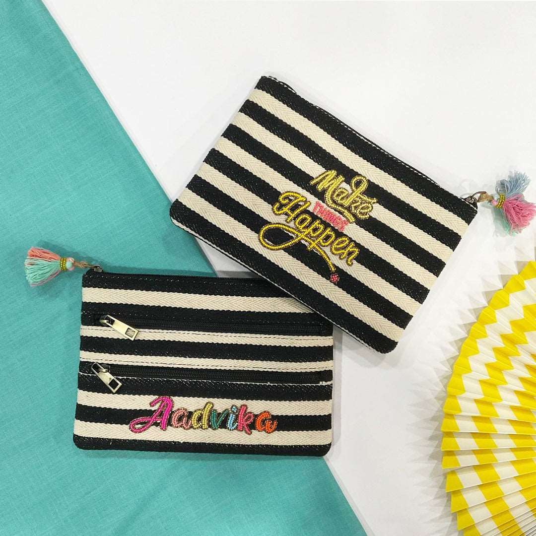 Striped Personalized Name Pouch | Double-Sided Embroidered Pouch – Desi ...